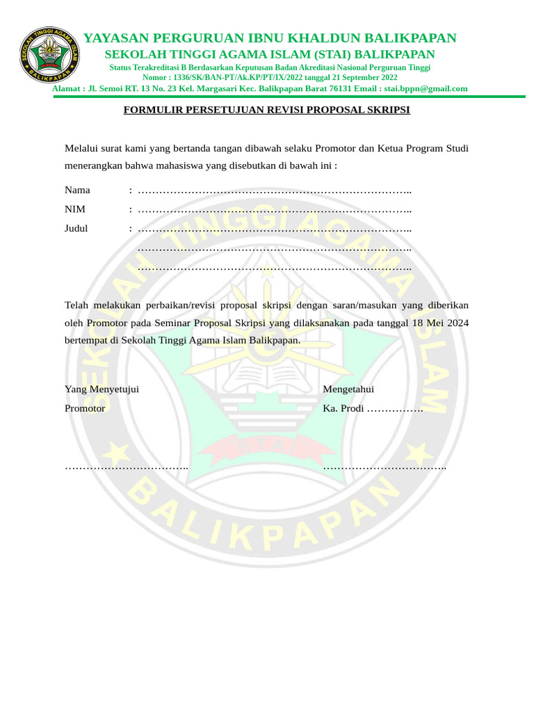 Formulir Persetujuan Revisi Proposal Skripsi | PDF