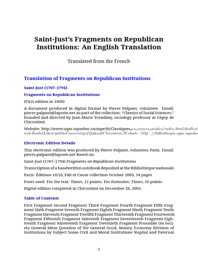 Saint Just's Fragments | PDF | Money | Virtue