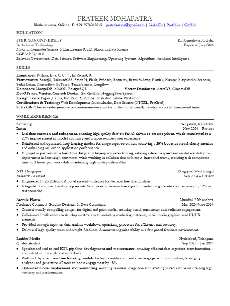 Prateek Mohapatra Resume WithAH | PDF | Deep Learning | Machine Learning
