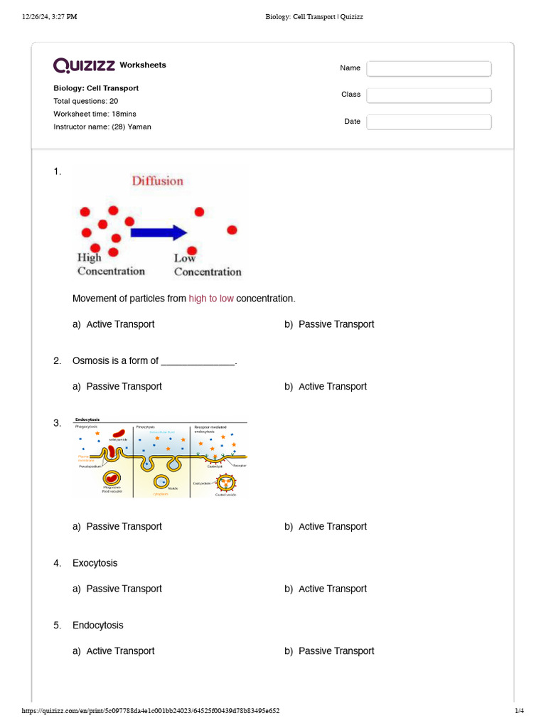 Cell Transport Worksheet Overview | PDF | Osmosis | Biochemistry
