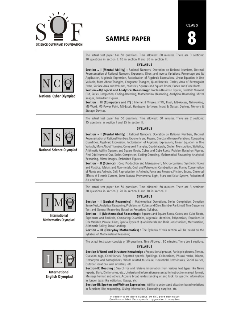 Nso Class 8 Sample Paper 1 Pdf Equations Mathematics