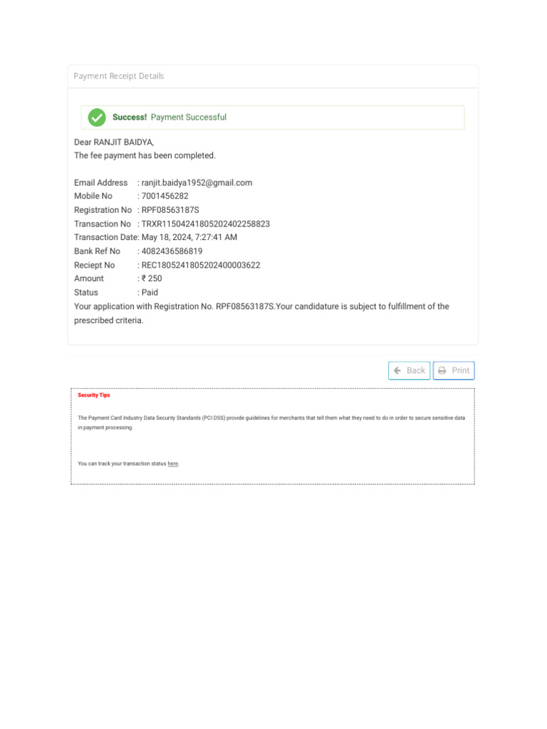 Payment Receipt for Ranjit Baidya | PDF