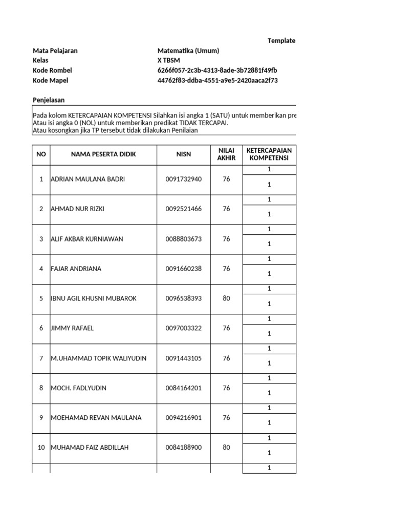 Template Nilai Akhir Mata Pelajaran Matematika Umum Kelas X TBSM | PDF