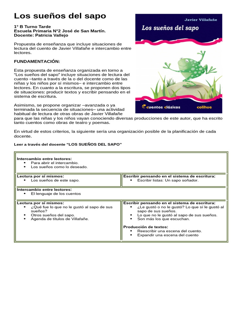 Propuesta Didáctica: Los Sueños del Sapo | PDF