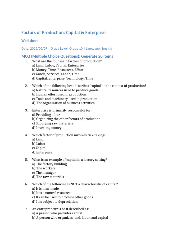 Worksheet - Factors of Production - Capital & Enterprise 2025-06-07 by ...