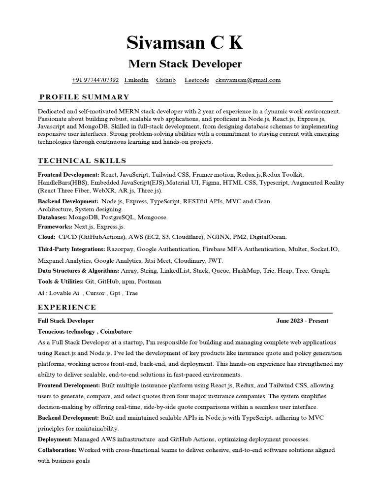 Sivamsan CK MERN Stack Developer 2yrs Experience | PDF | Computing | Information Technology