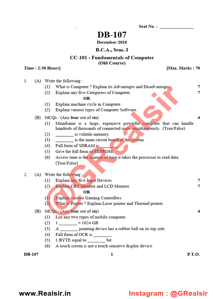 (CC-101) (Fundamentals of Computer) - 2018 | PDF | Computer Data Storage | Printer (Computing)