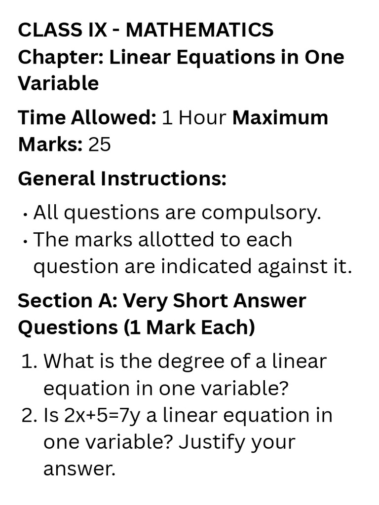 Class 9 Linear Equations Worksheet | PDF