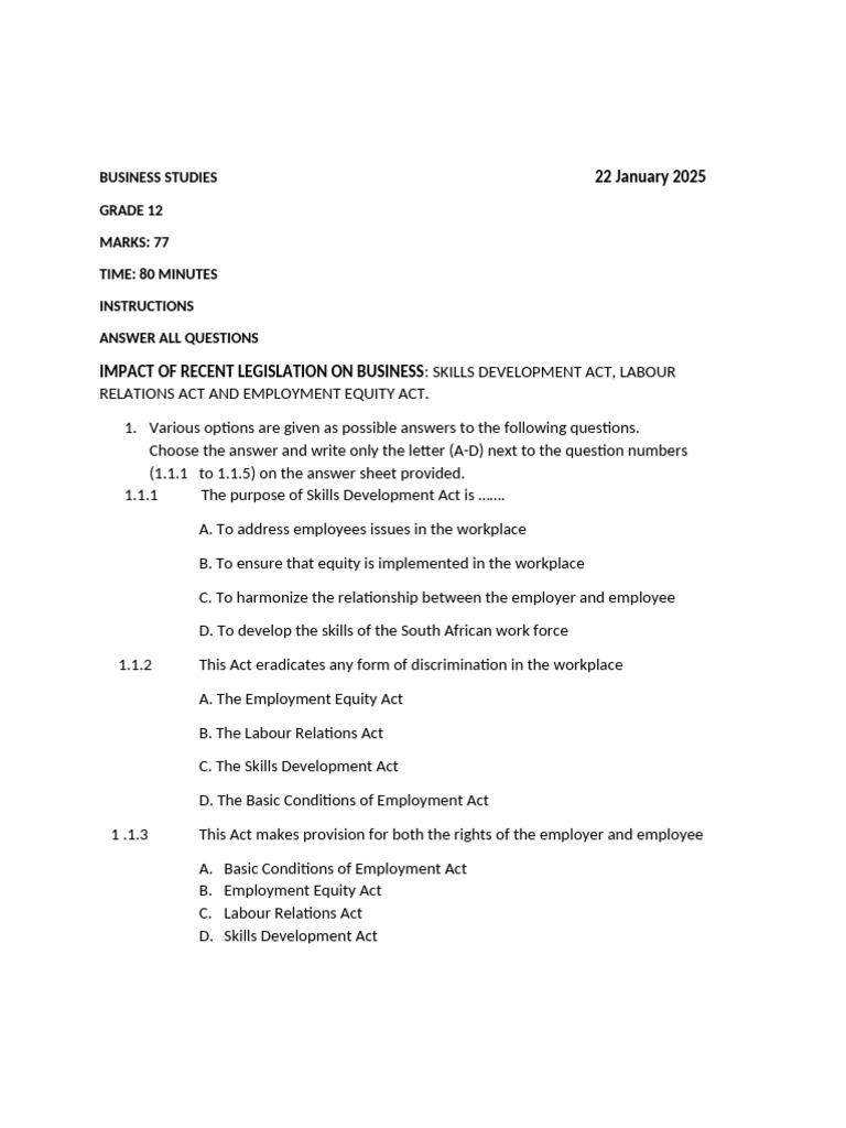 Bstd Gr 12 Test 1 (Informal) | PDF | Affirmative Action | Employment