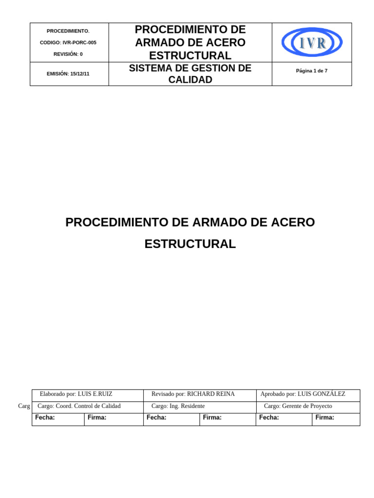 Ivr-Proc-005 Proc. Armado de Acero Estructural | PDF | Acero | Hormigón