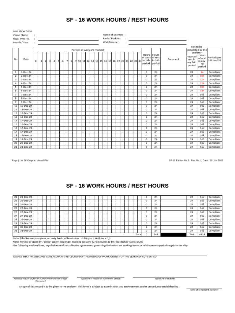 Seafarer Work and Rest Hours Record | PDF | Sailor | Water Transport