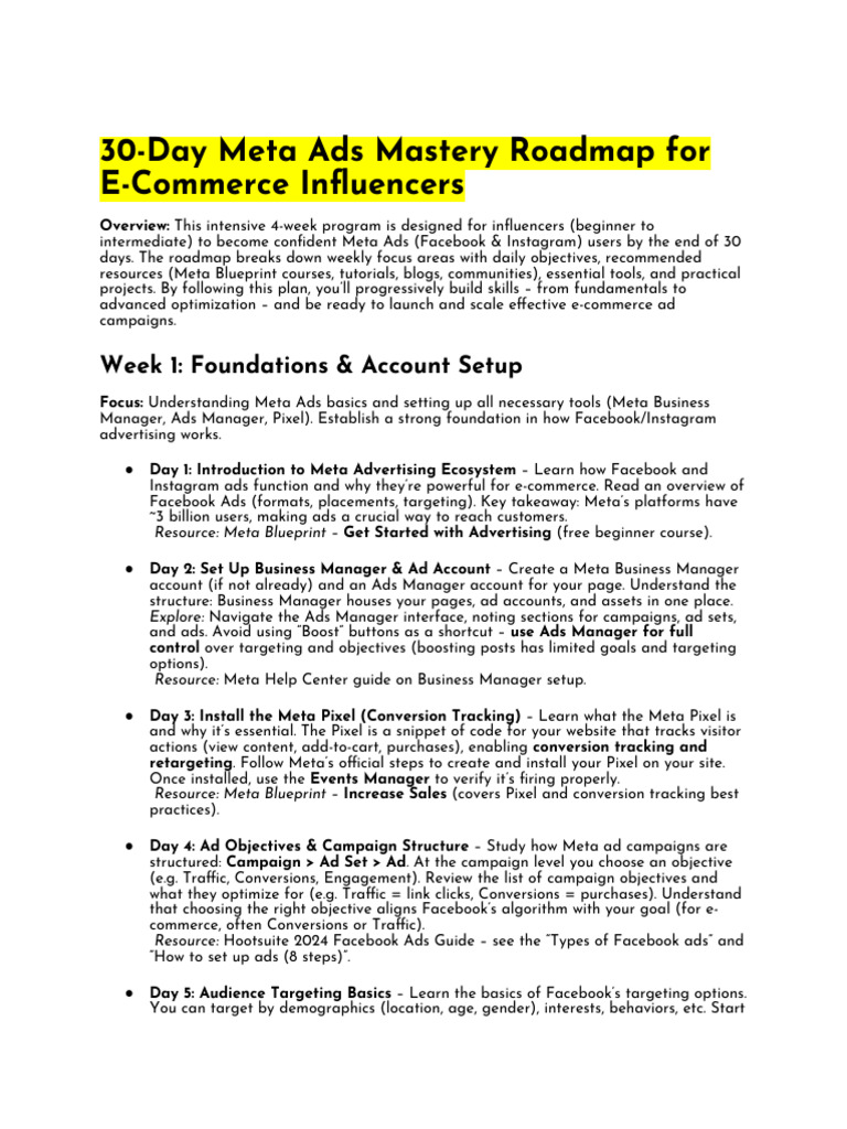 30-Day Meta Ads Mastery for Influencers | PDF | Facebook | Analytics
