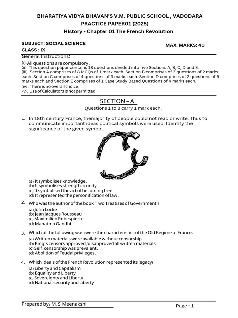 Social Science Class Ix Practice Paper 01 History Chapter 01 The French ...