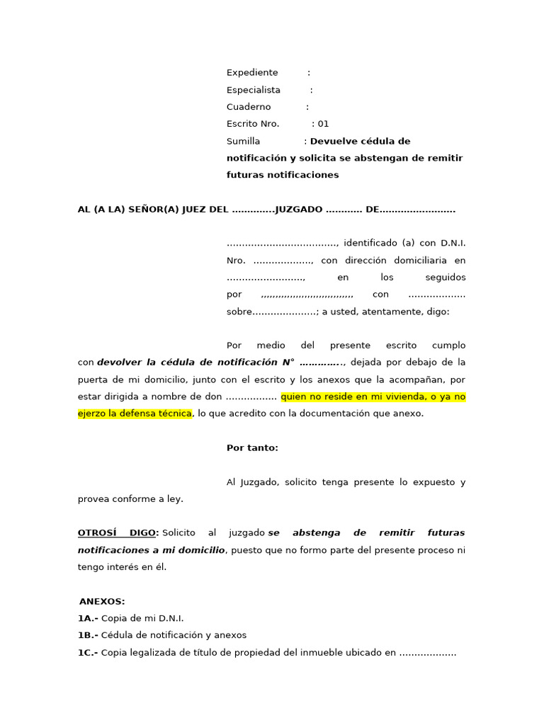 Modelo de Escrito Judicial de Devolución de Cédula de Notificación | PDF