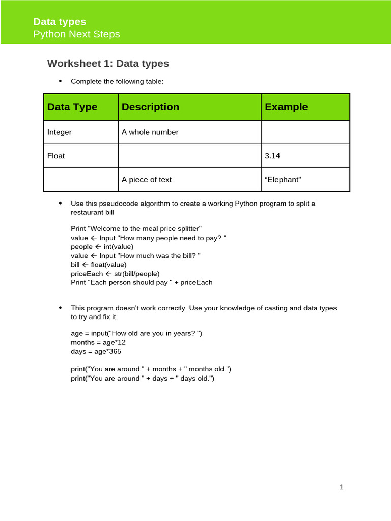 Python Worksheet 1 Data Types | PDF
