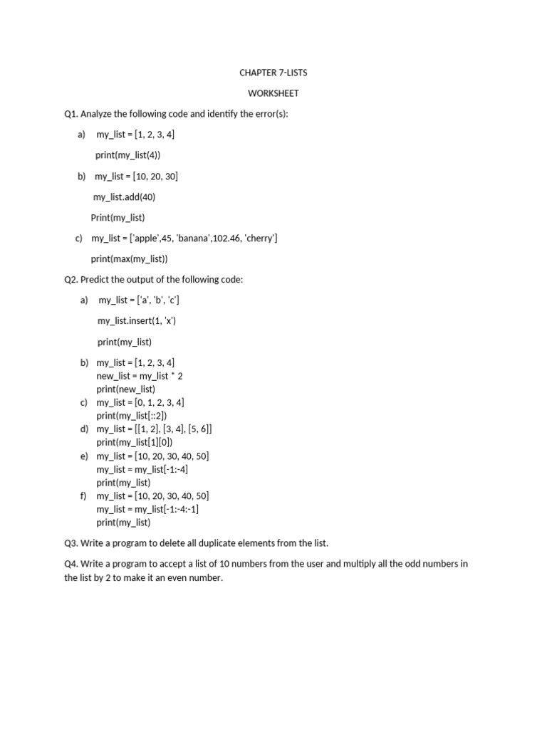Class Xi Cs List Worksheet | PDF