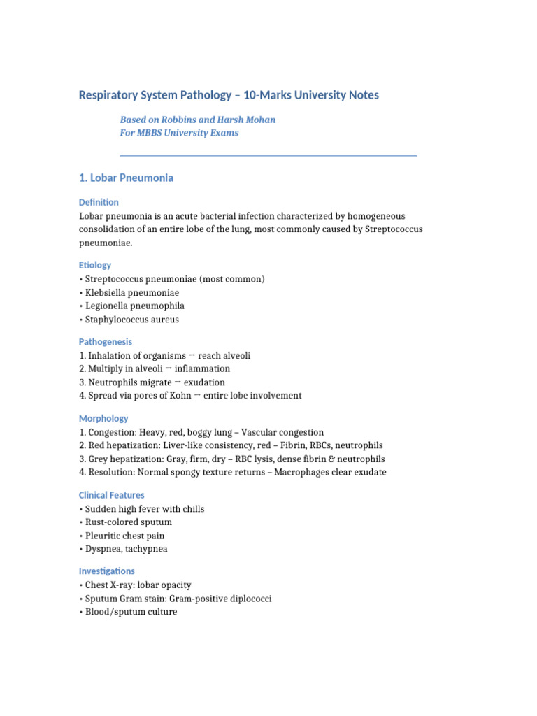 Respiratory Pathology Notes for MBBS | PDF | Pneumonia | Respiratory ...