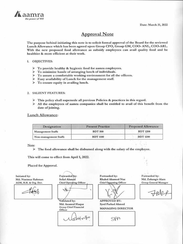 Lunch Allowance Approval Note | PDF