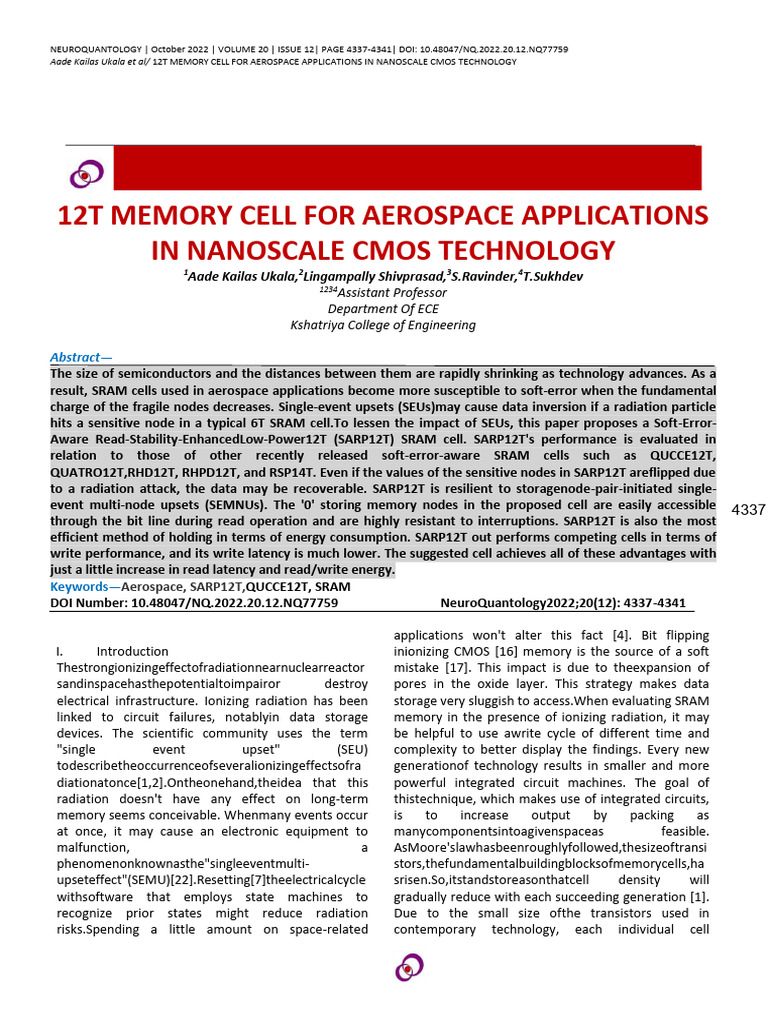 12t Memory Cell For Aerospace Applications in Nano Scale | PDF ...