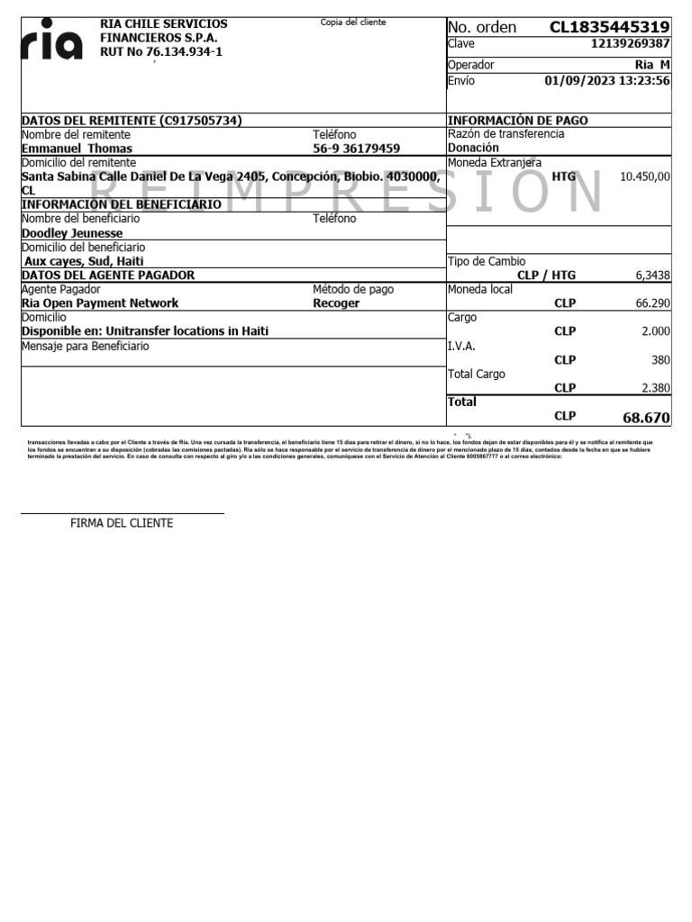Recibo de Transferencia Ria Chile | PDF | Transferencia bancaria | Bancario