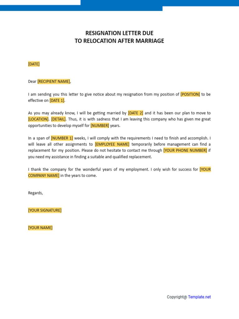 Resignation Letter Due To Relocation After Marriage Template | PDF