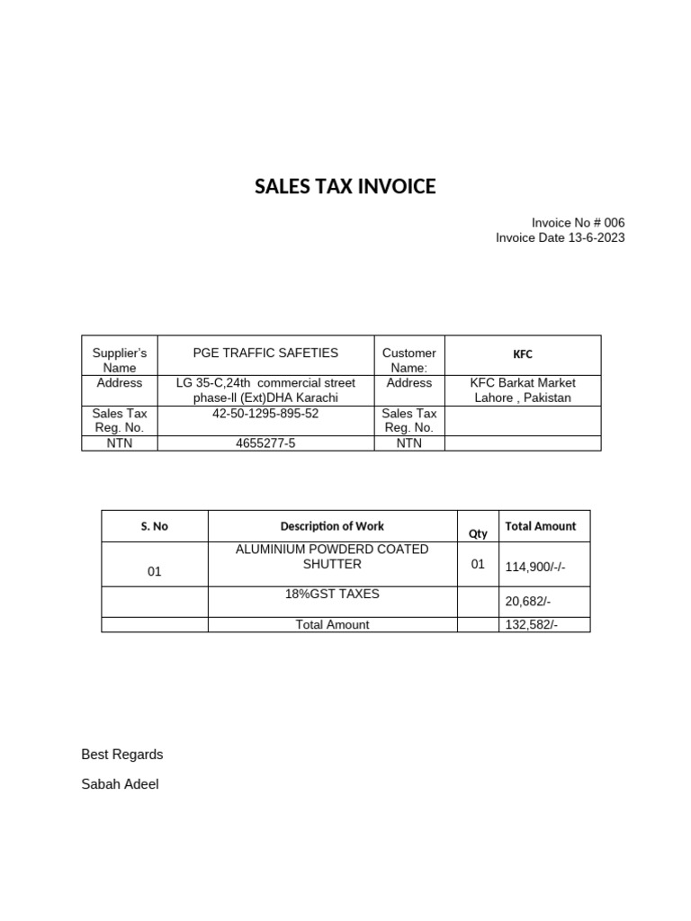 Di KFC Shutter Sales Invoice | PDF