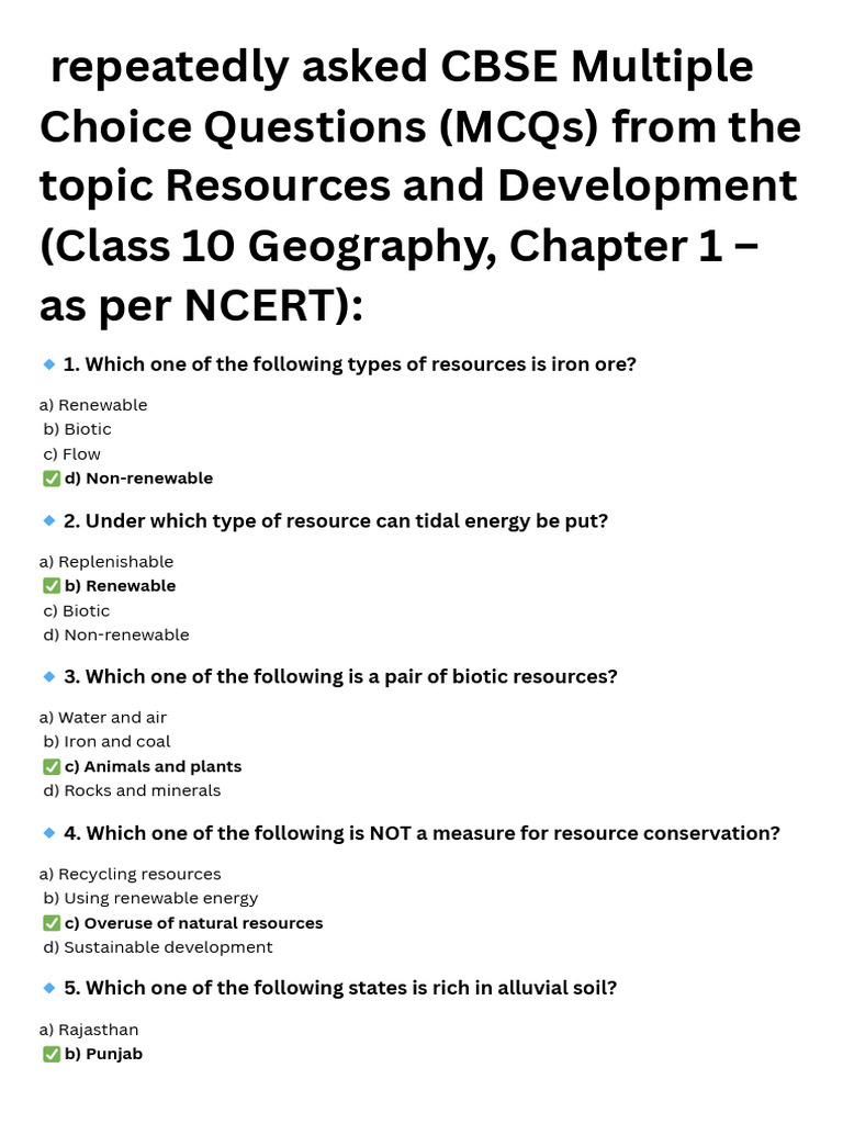 Repeatedly Asked Cbse Multiple Choice Questions (MCQS) From The Topic Resources and Development ...