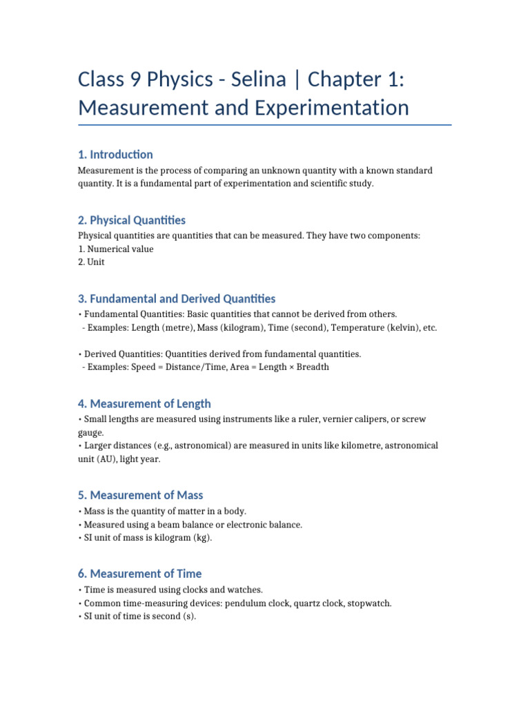 Class 9 Physics Selina L1 Measurement Notes | PDF