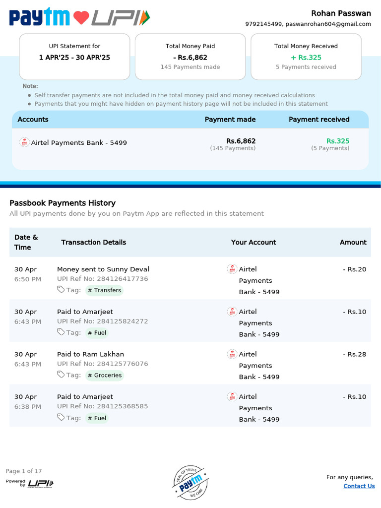 Paytm UPI Statement April 2025 | PDF | Banks | Money
