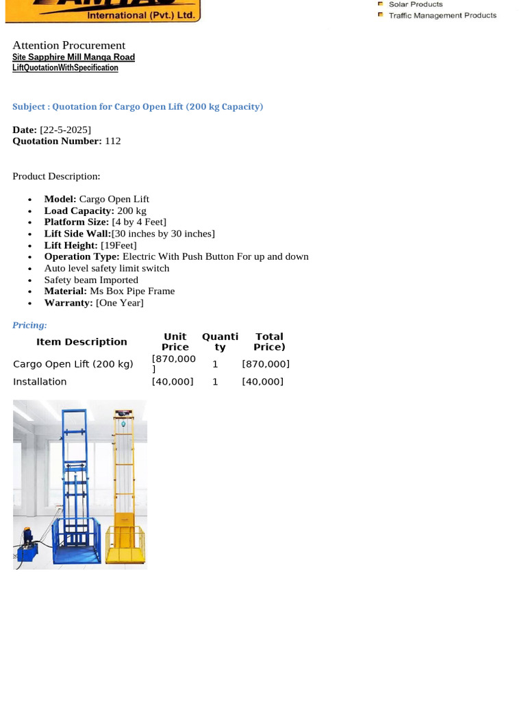 1sapphire Cargo Lift Quotation | PDF
