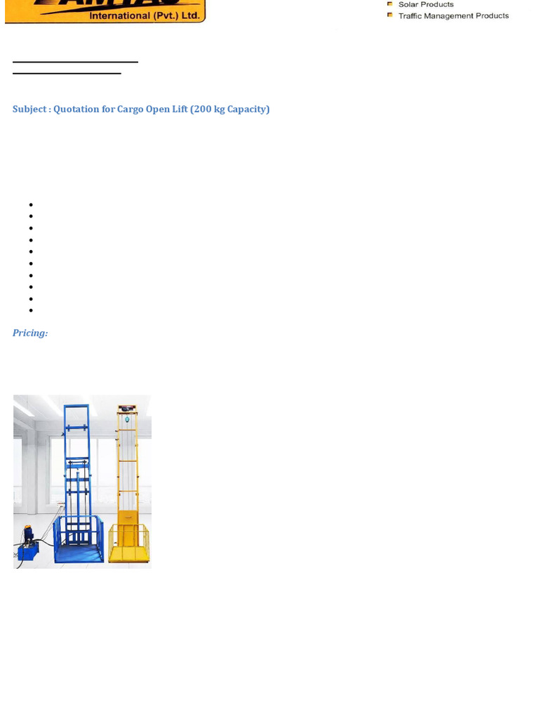 1sapphire Cargo Lift Quotation | PDF