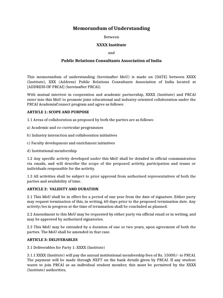 MoU Draft General and PRCAI | PDF | Memorandum Of Understanding