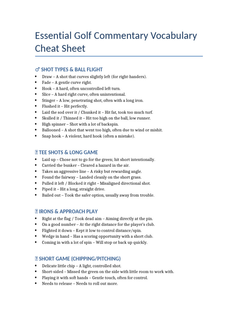 Golf Commentary Vocabulary Cheat Sheet | PDF | Par (Score) | Golf Course