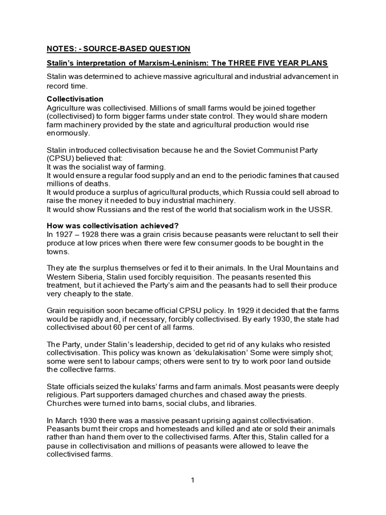 NOTES-Stalin's Five Year Plans | PDF | Joseph Stalin | Soviet Union