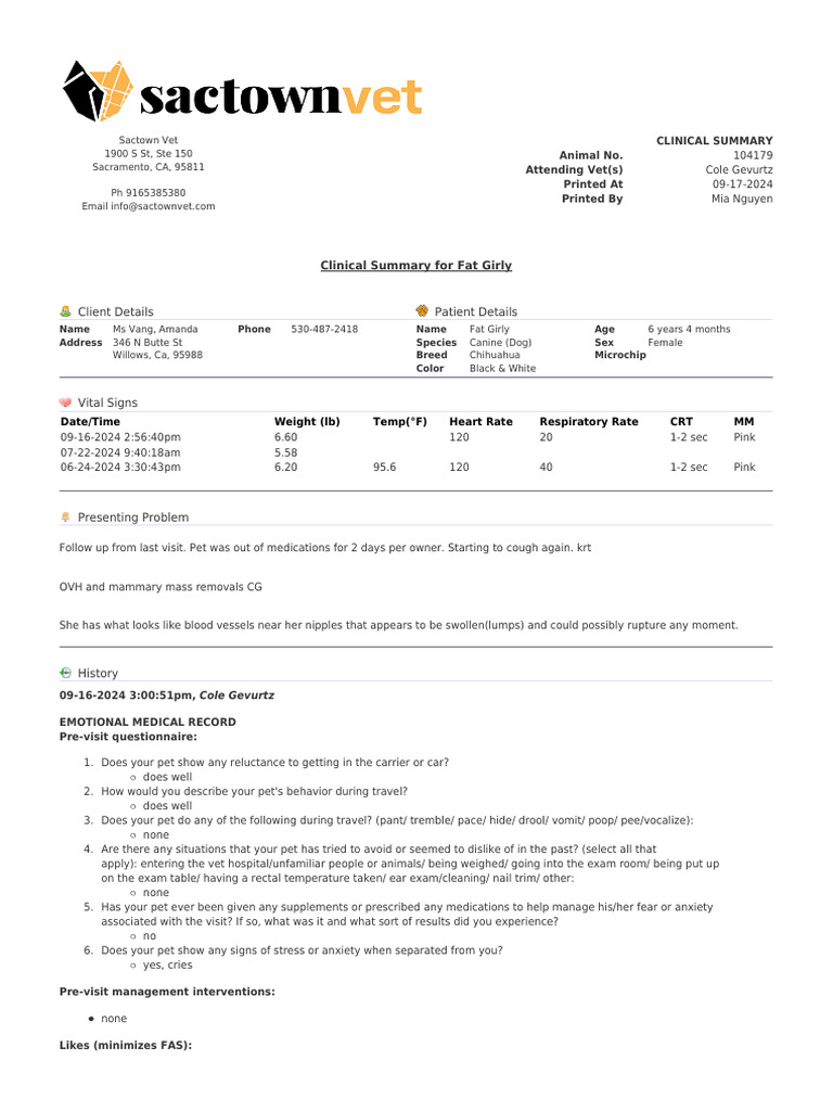 Clinical Summary for Fat Girly the Dog | PDF