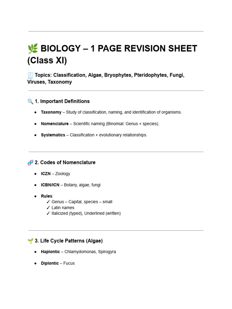 ? Biology - 1 Page Revision Sheet (Class Xi) | PDF