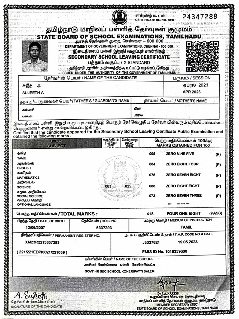 10th Mark Sheet | PDF
