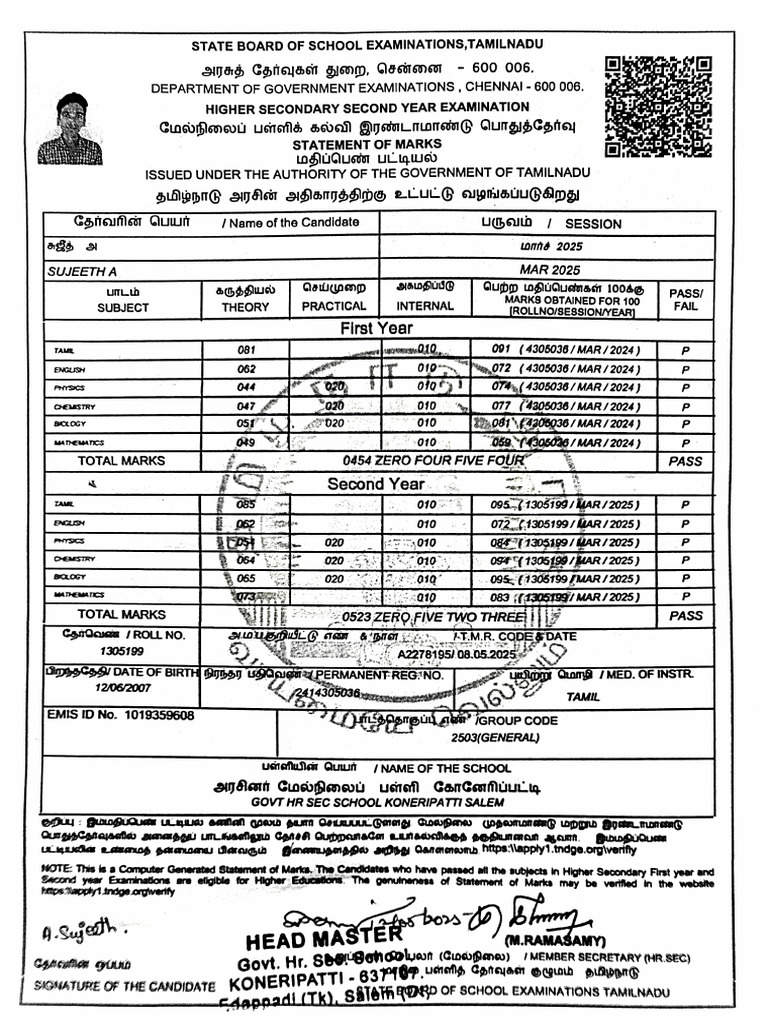 12th Mark Sheet | PDF