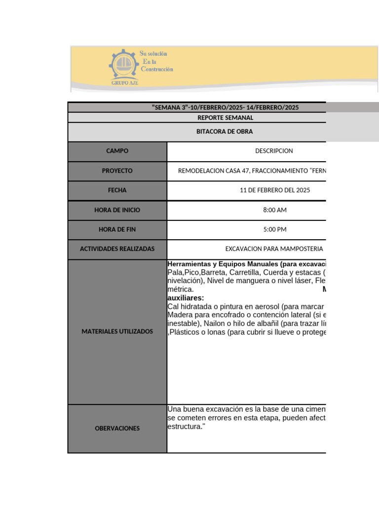 Reporte de Bitacora de Obra | PDF | Hormigón | Mortero (Albañilería)