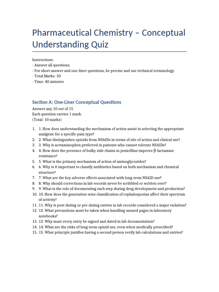 Pharmaceutical Chemistry Exam Quiz | PDF | Penicillin | Nonsteroidal ...