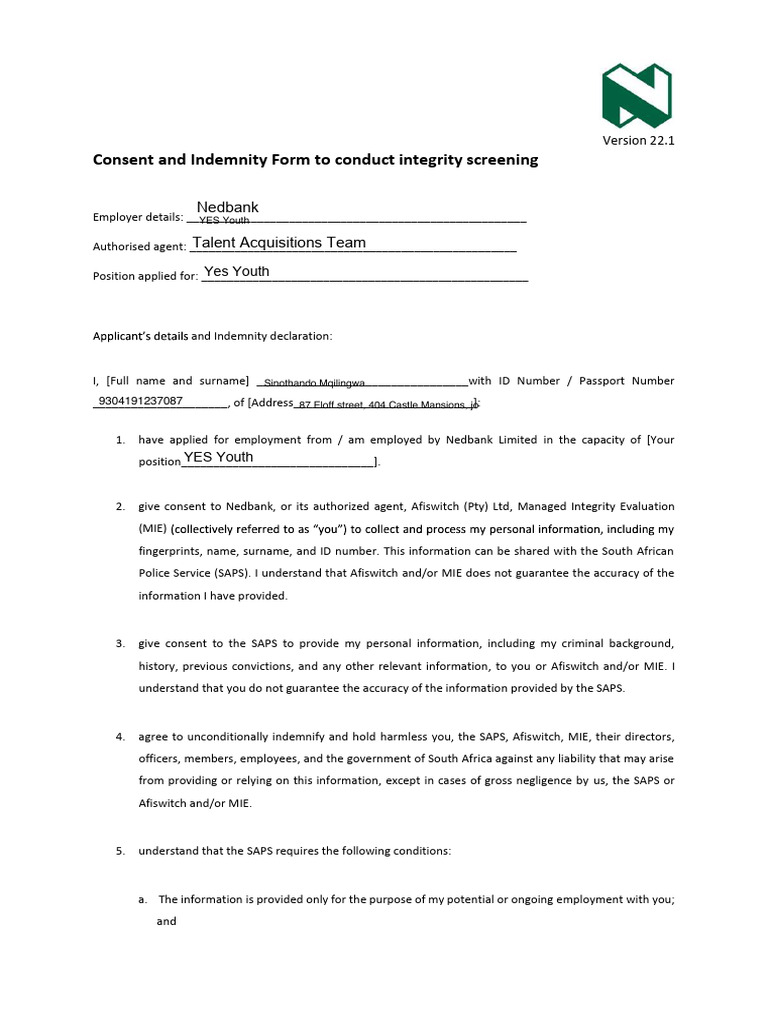 Nedbank Indemnity Form 2025 | PDF | Identity Document | Indemnity