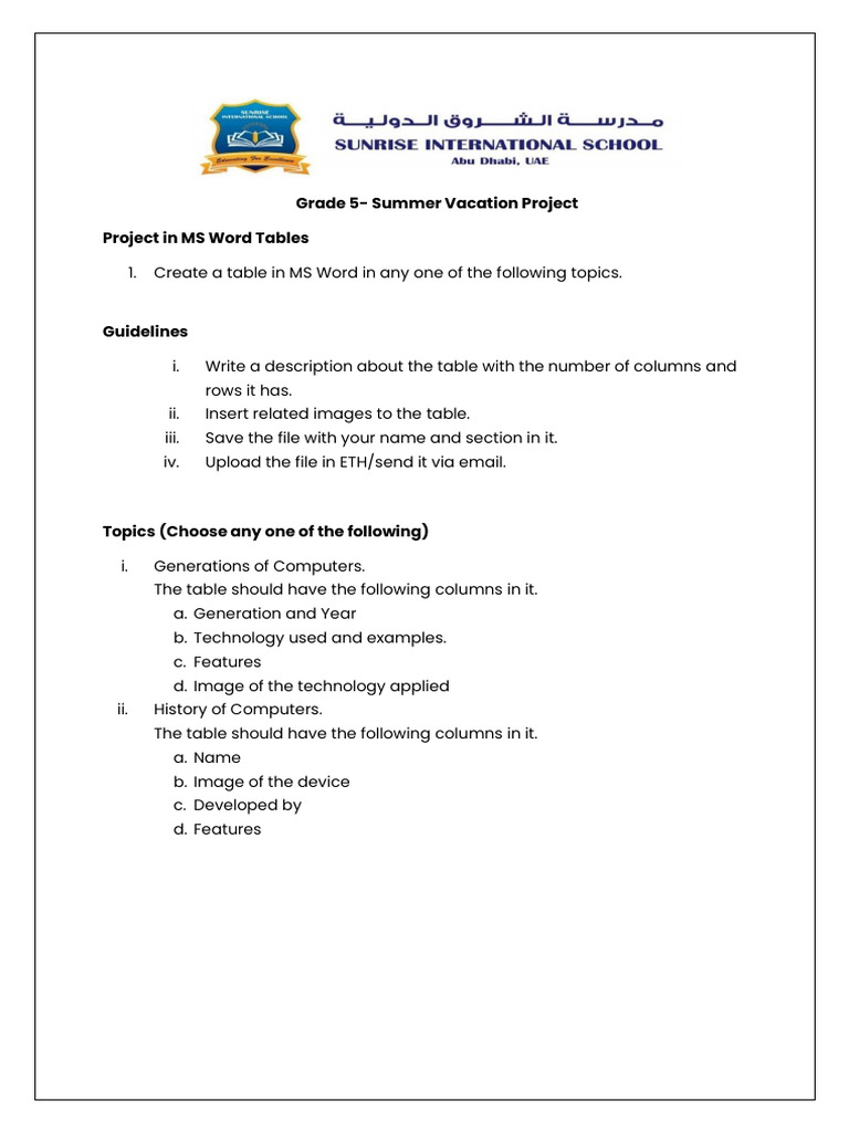 Summer Vacation Project-Grade 5 | PDF