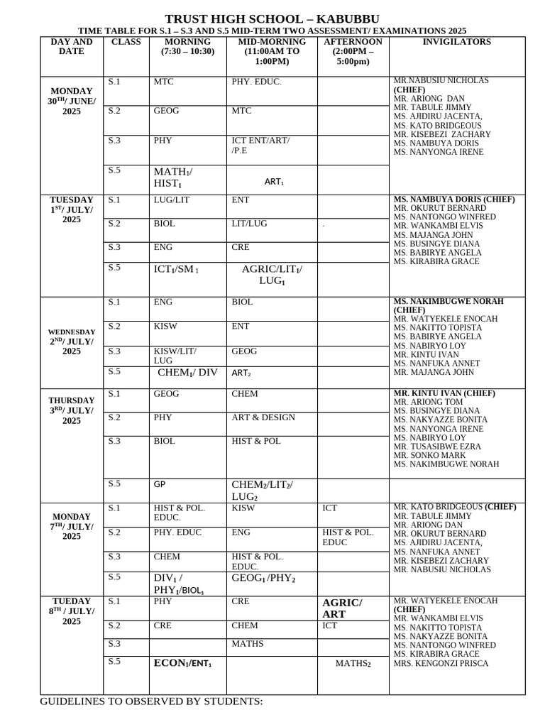 Mid-Term Exam Timetable 2025 | PDF