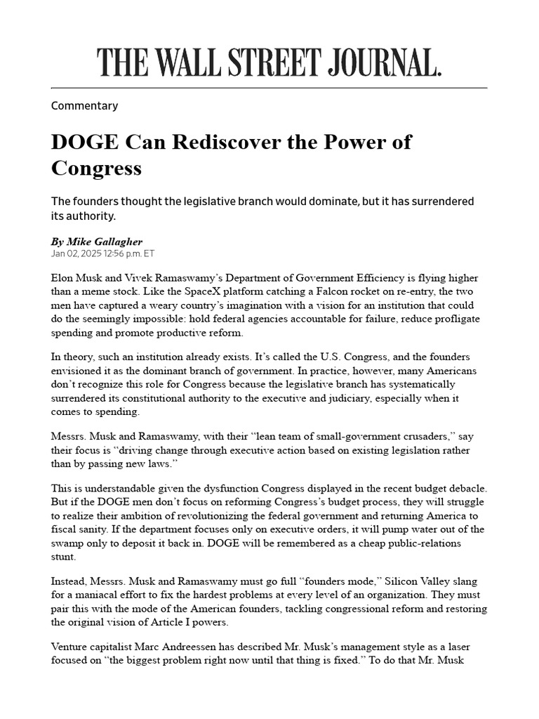 WSJ - Printing DOGE Can Rediscover The Power of Congress | PDF | United ...