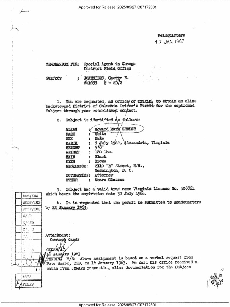 CIA Memo For Special Agent George Joannides in Lee Harvey Oswald JFK ...