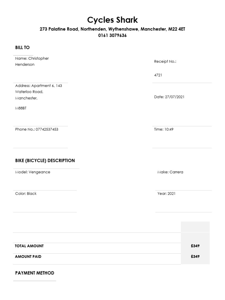 Bicycle Sale Receipt - Carrera Vengeance | PDF