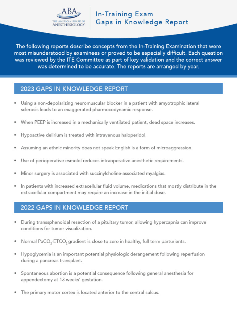 In-Training Exam Knowledge Gaps Report | PDF | Anesthesia | Medicine