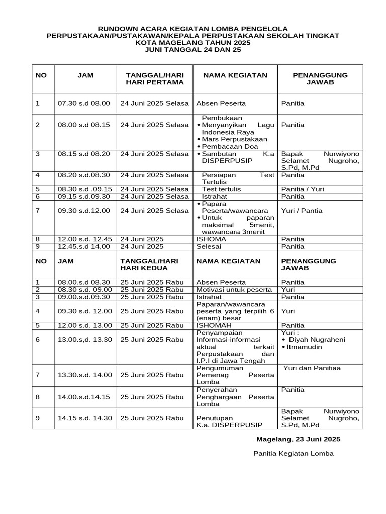 Rundown Acara Kegiatan Lomba Pengelola Perpustakaan | PDF
