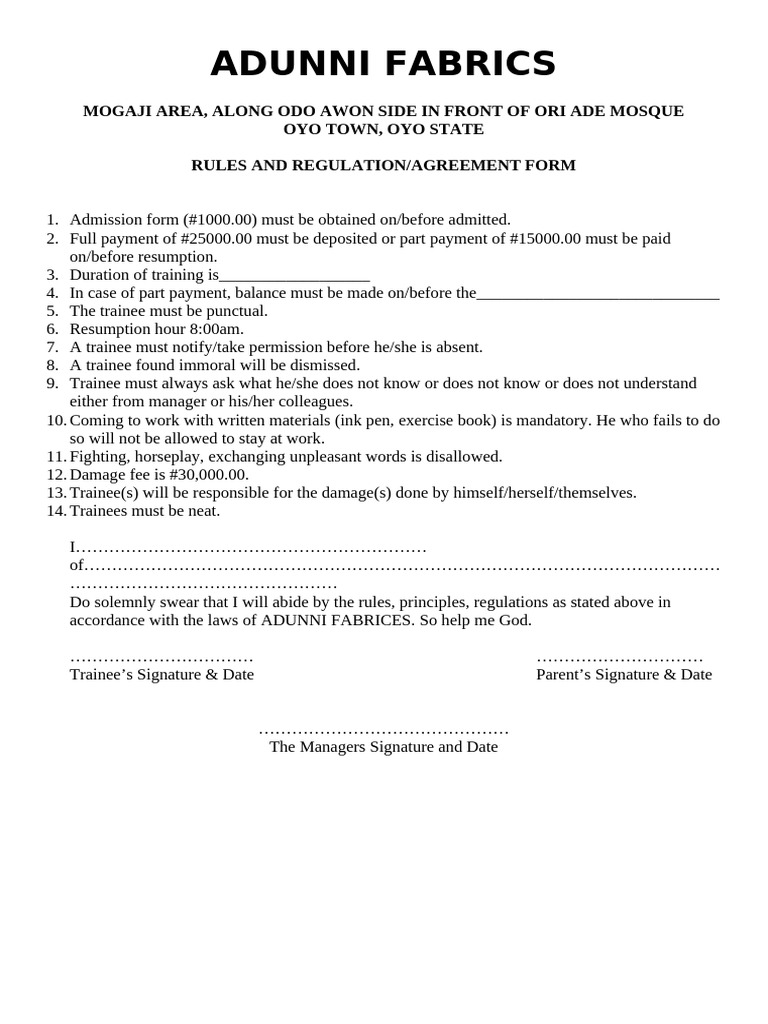 Adunni Fabrics Training Agreement Form | PDF