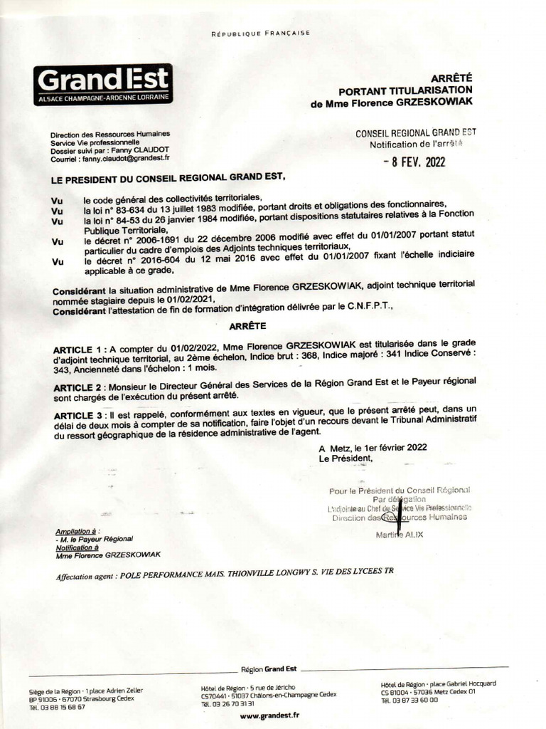 Arreté de Titularisation 01022022 | PDF